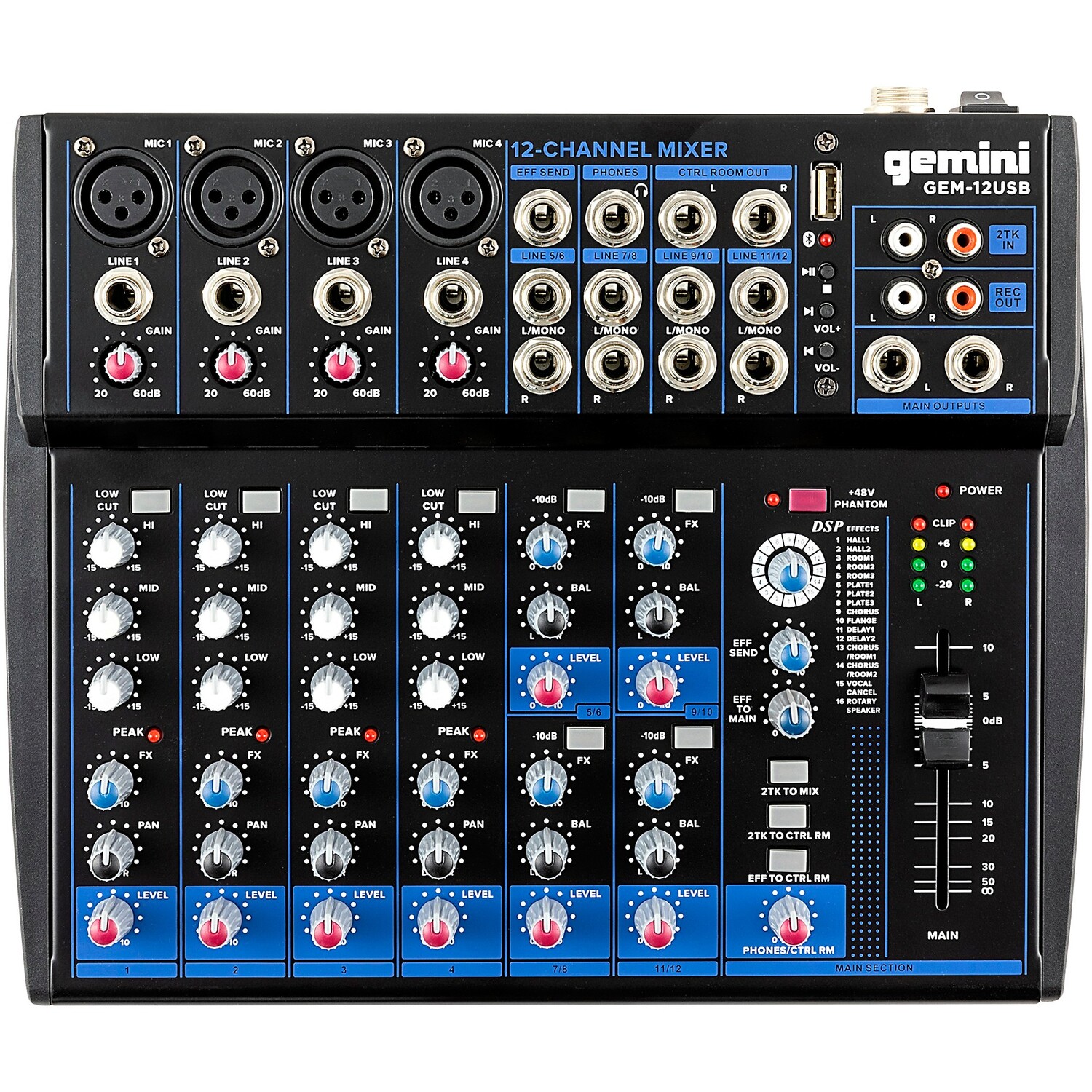 Gemini GEM-12USB 12-канальный USB-микшер для подкастов с Bluetooth и ...